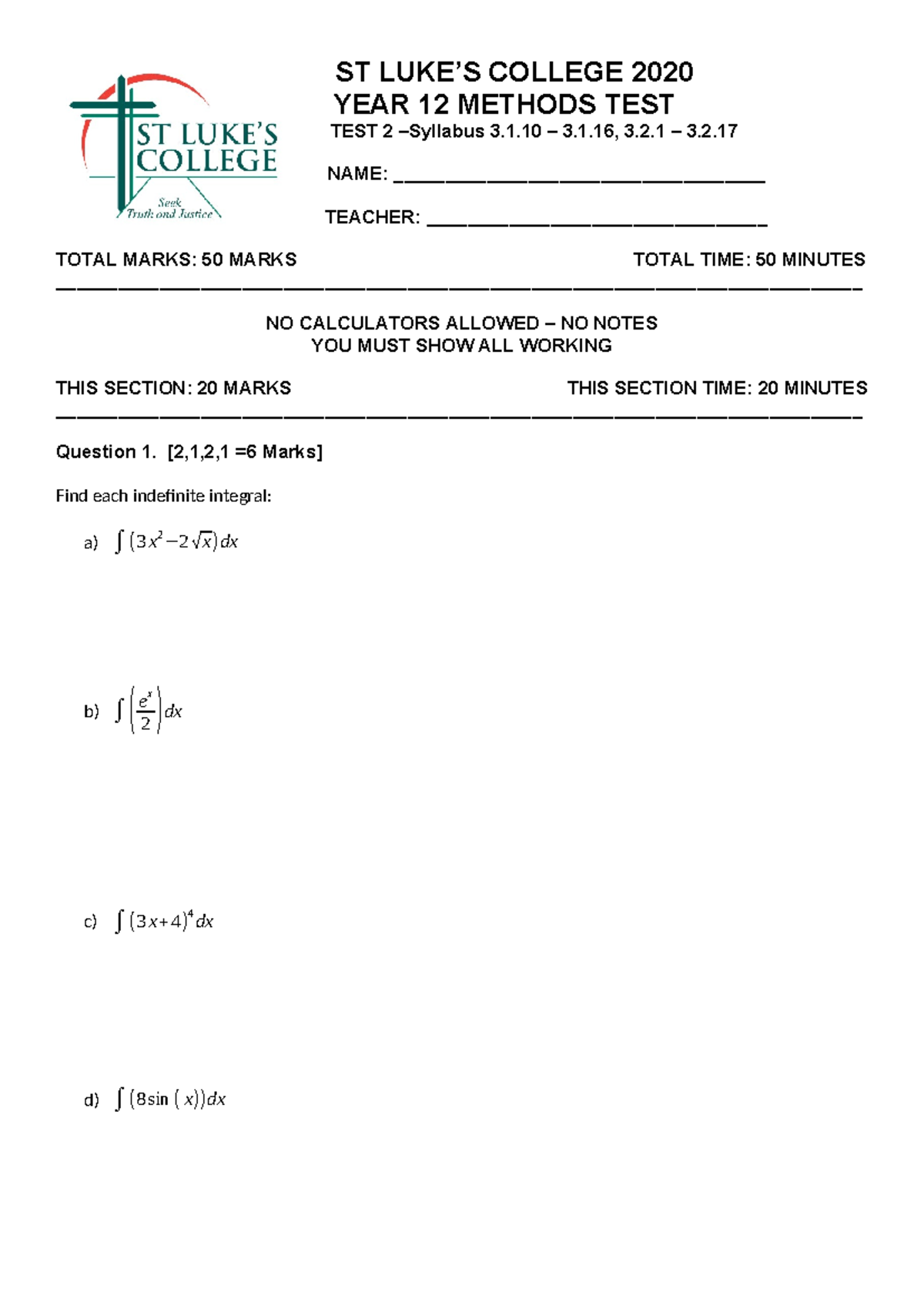 2020 12 Methods Test 2 - Differentiation and Integrals - original - ST ...