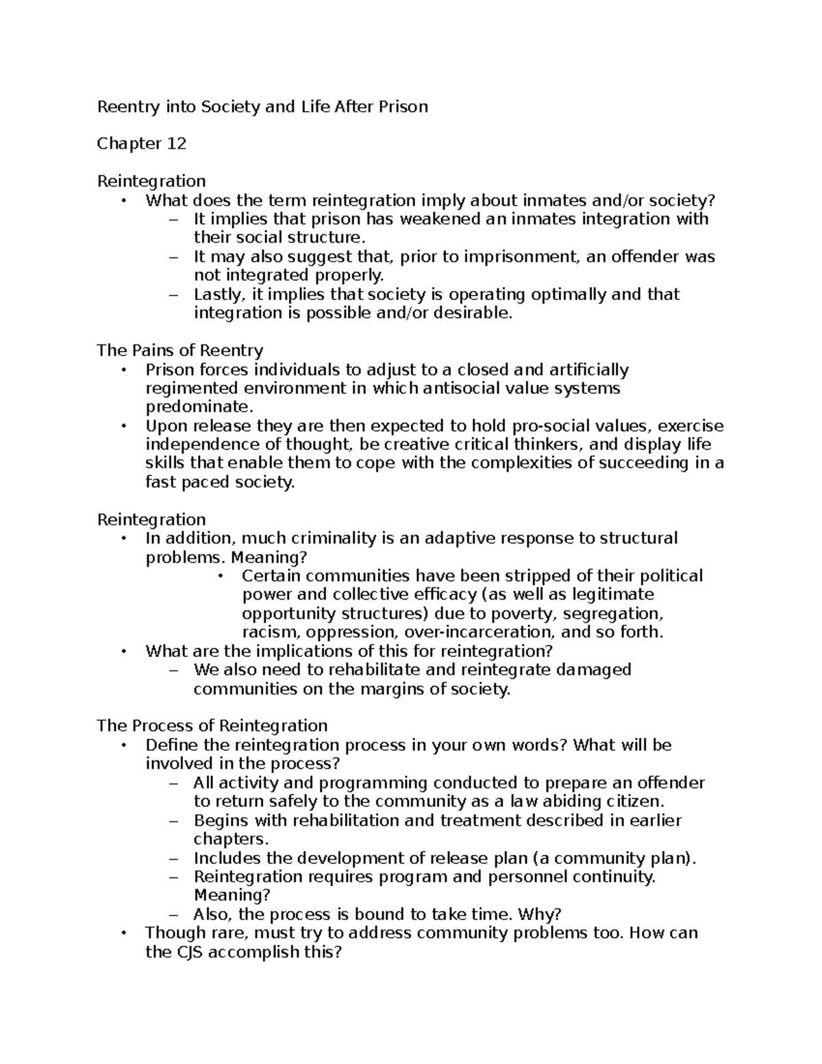 CRIM 1170 Chapter 12 - Lecture notes 12 - Reentry into Society and Life ...