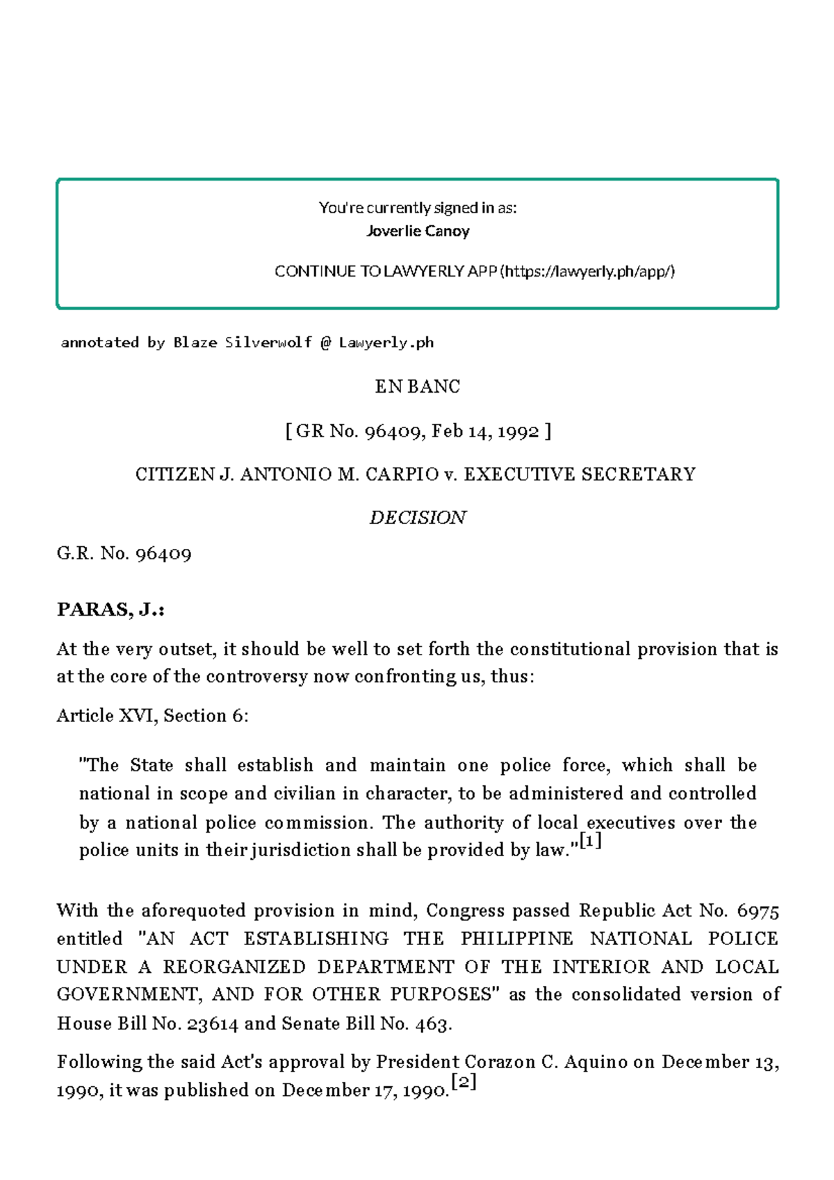 Carpio v. Executive Secretary - annotated by Blaze Silverwolf ...