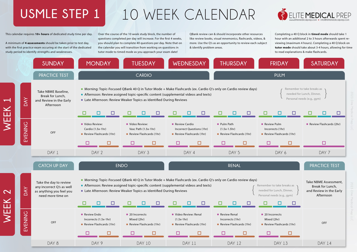 Elite Medical Prep Usmle Step 1 10 Week Calendar - USMLE STEP 1 10 WEEK ...