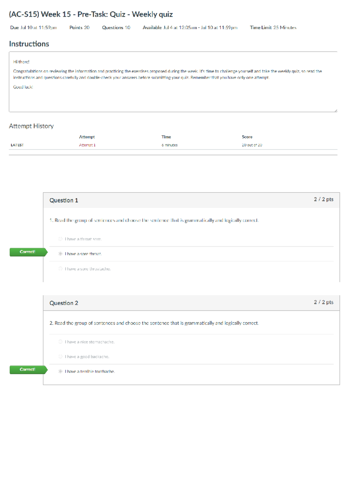 (AC-S15) Week 15 - Pre-Task Quiz - Weekly quiz - Ingles III - Studocu
