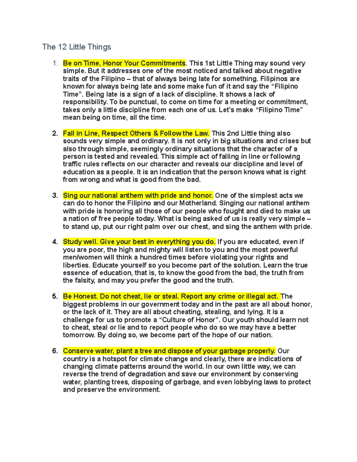 NSTP Citizenship - The 12 Little Things Be on Time, Honor Your ...