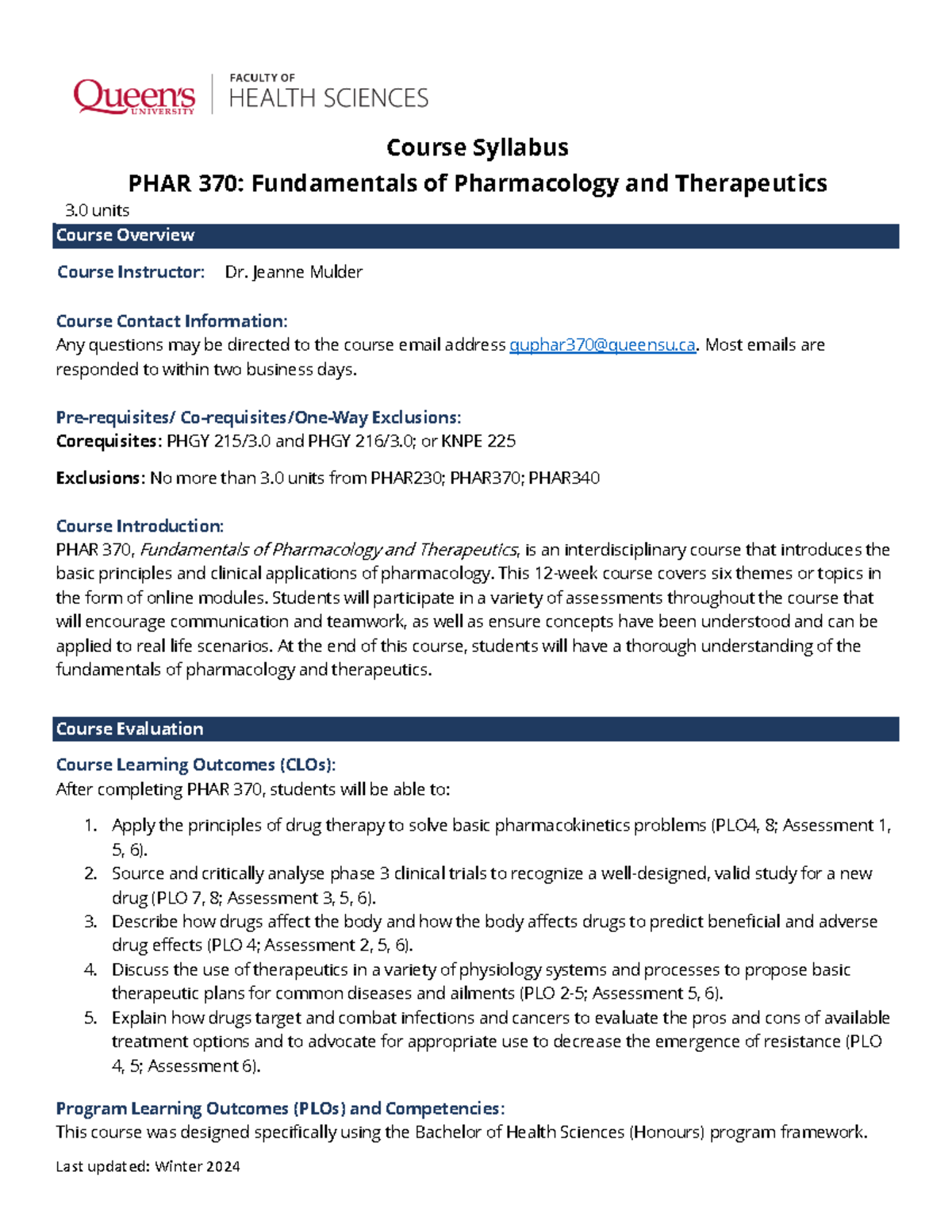 PHAR 370 ONL Syllabus W24 - Course Overview Course Instructor: Dr ...
