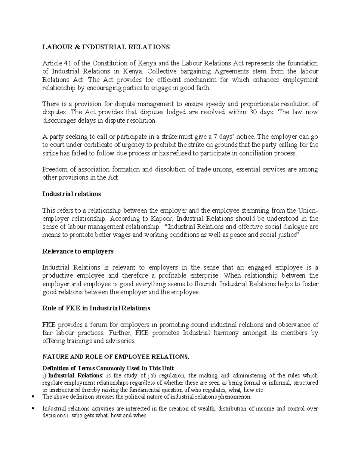 Employee Relations Handout 1 - LABOUR & INDUSTRIAL RELATIONS Article 41 ...
