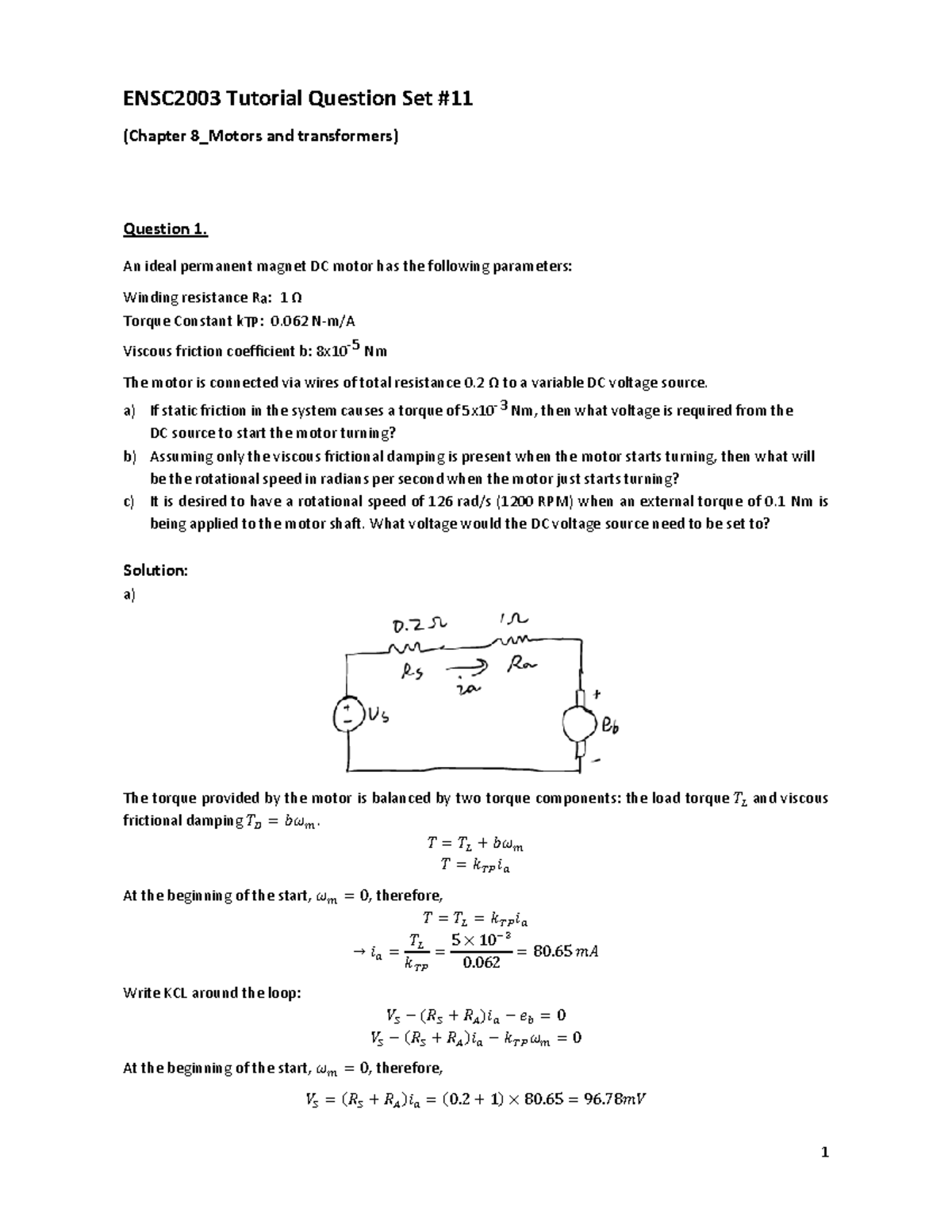 Set 11 Solutions - ENSC2003 Tutorial Question Set # (Chapter 8_Motors ...