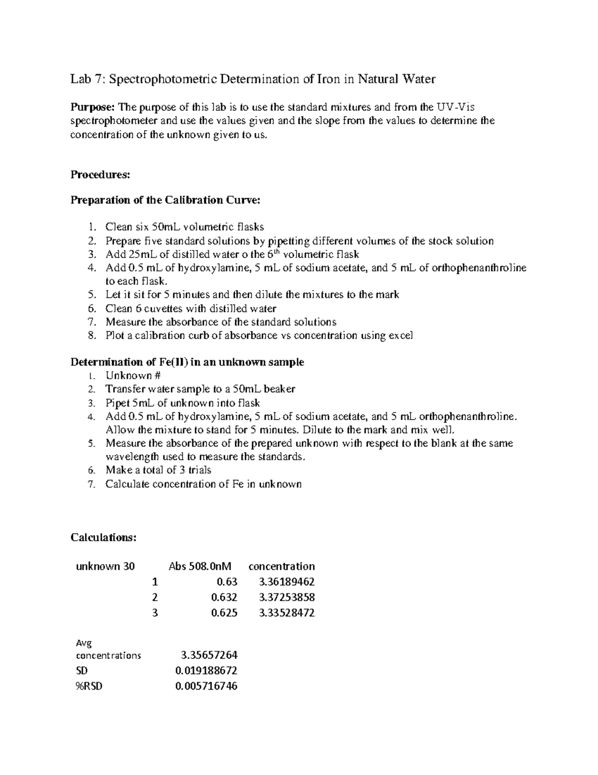 Lab 7 - Report - Lab 7: Spectrophotometric Determination of Iron in ...