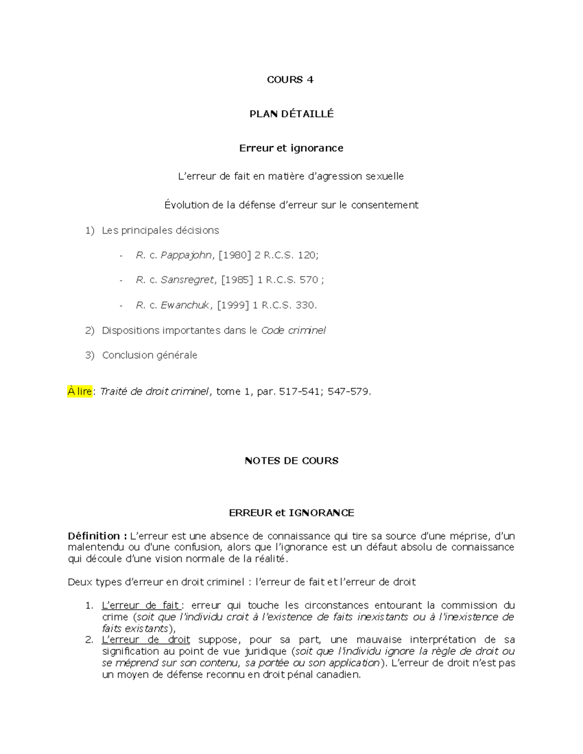 Cours 4 plan et notes - Hugues Parent droit pénal 1 Université de ...