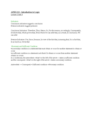 Logic Lecture 2 notes - APHI 210 - Introduction to Logic Lecture 2 Part ...