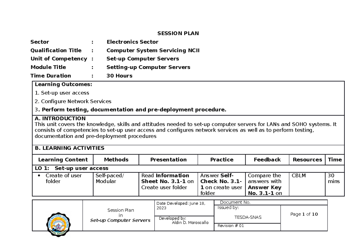Session PLAN-1 - Learning Outcome - SESSION PLAN Sector : Electronics Sector Qualification Title ...