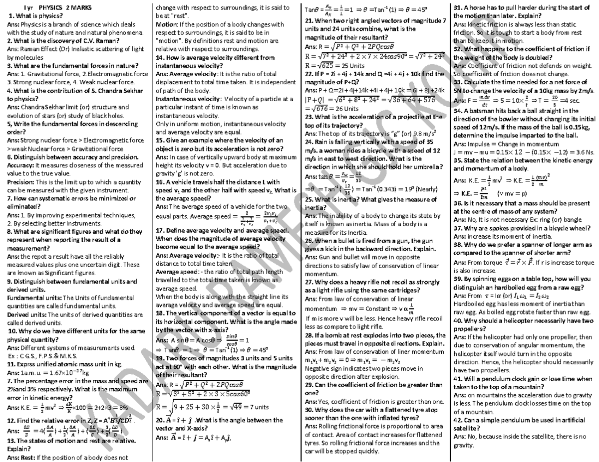 I Yr Physics 2 Marks EM - it is practice paper - I yr PHYSICS 2 MARKS ...