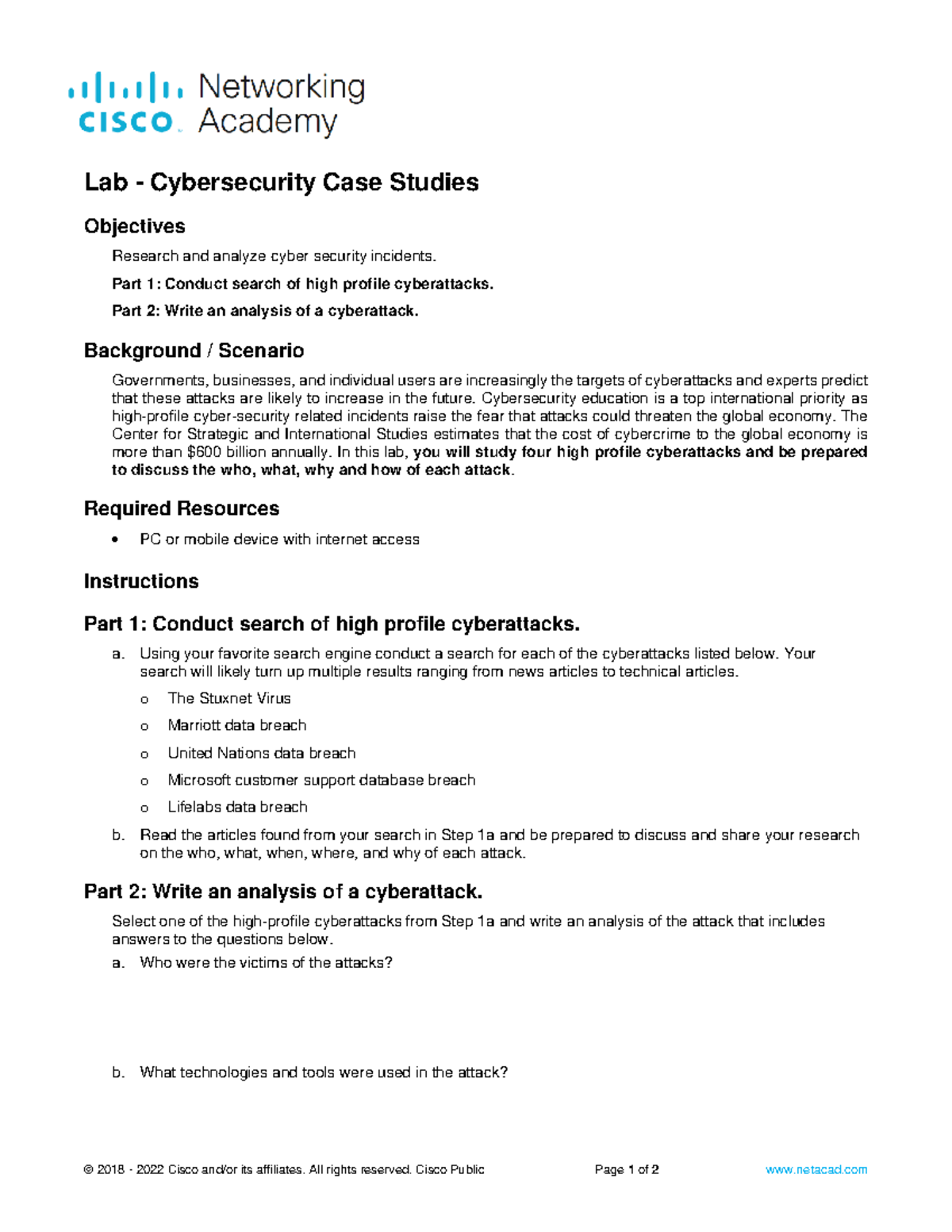 Lab 1 Cybersecurity Case Studies - 2018 - 2022 Cisco and/or its ...