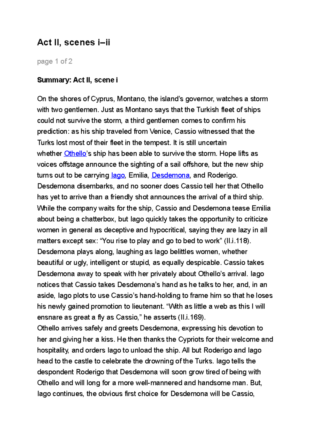 William Shakespeare - Othello - Summary and Analysis Act II - Act II, scenes page 1 of 2 Summary ...