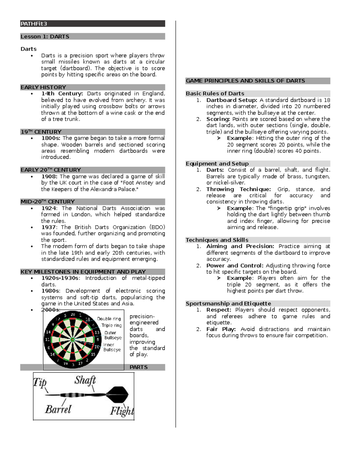 Pathfit 3 WEEK 7 - Notes - PATHFit Lesson 1: DARTS Darts Darts is a ...