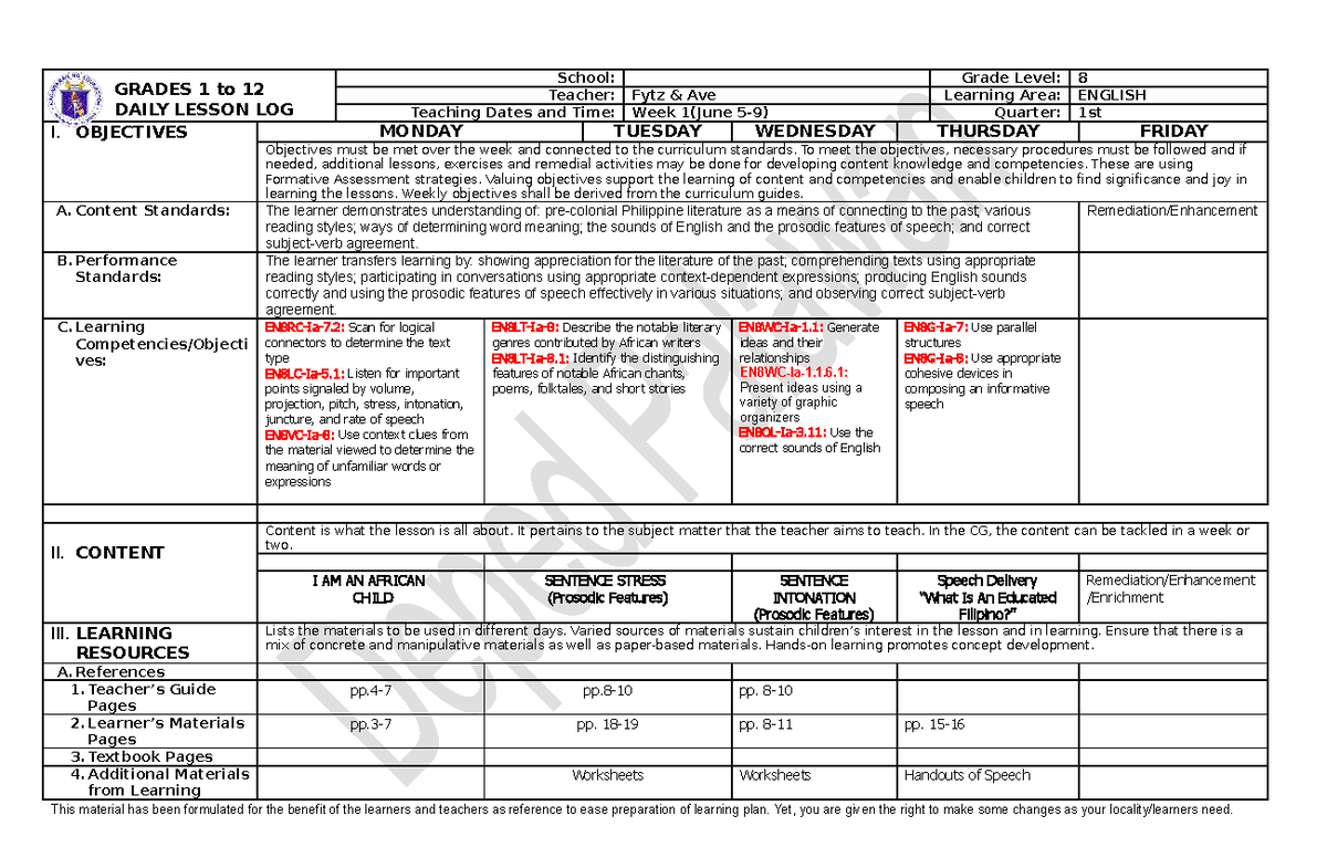 English 8 DLL 2023 - GRADES 1 to 12 DAILY LESSON LOG School: Grade Level: 8 Teacher: Fytz & Ave ...