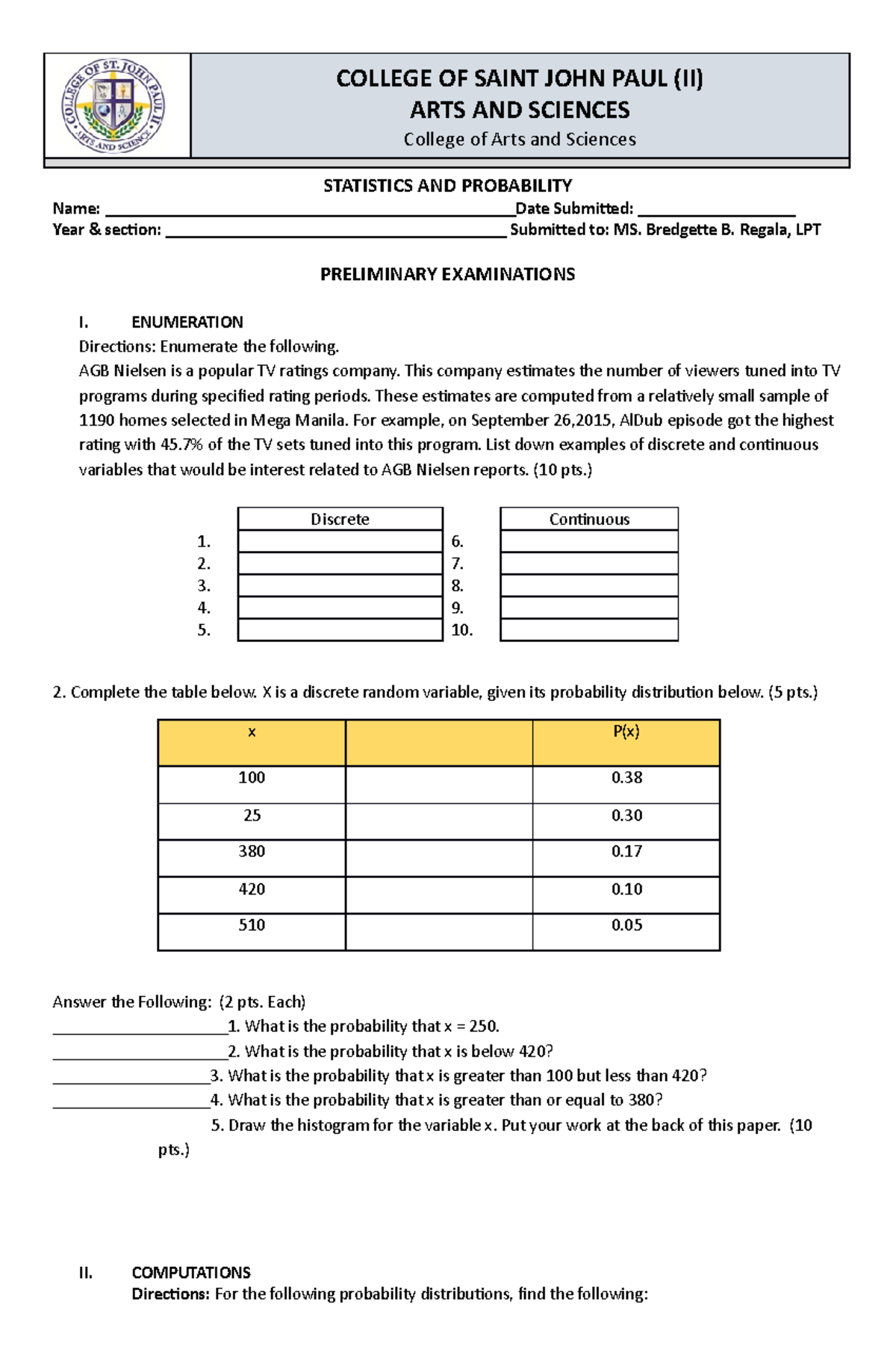 Statistics AND Probability prelim exam HD - COLLEGE OF SAINT JOHN PAUL ...