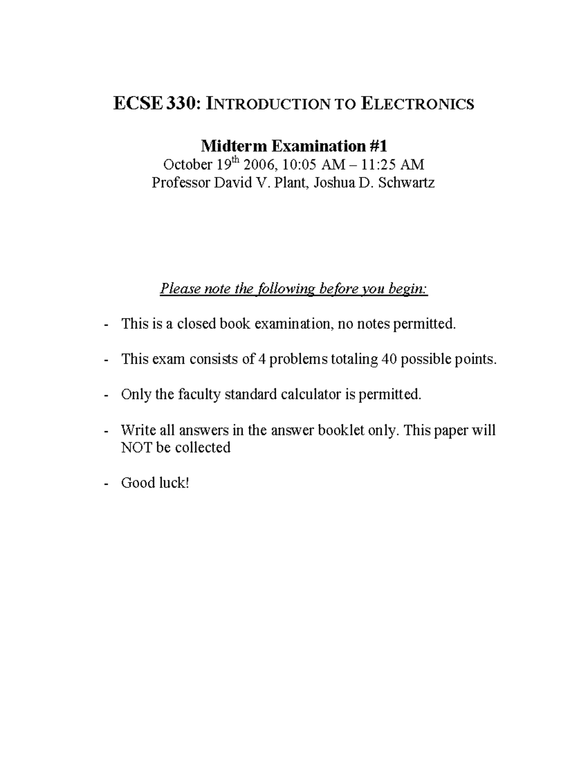 Exam 19 October 2006, Questions - ECSE 330: INTRODUCTION TO ELECTRONICS Midterm Examination ...