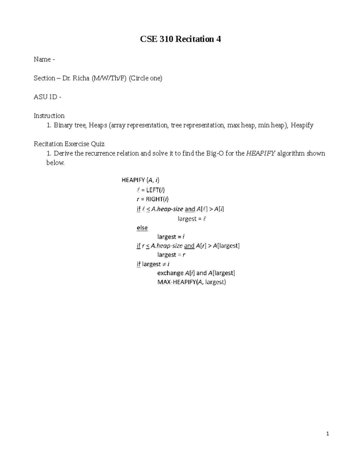 Recitation 04 Sol Cse 310 Cse 310 Recitation 4 Name Section Dr Richa Circle One Asu Id