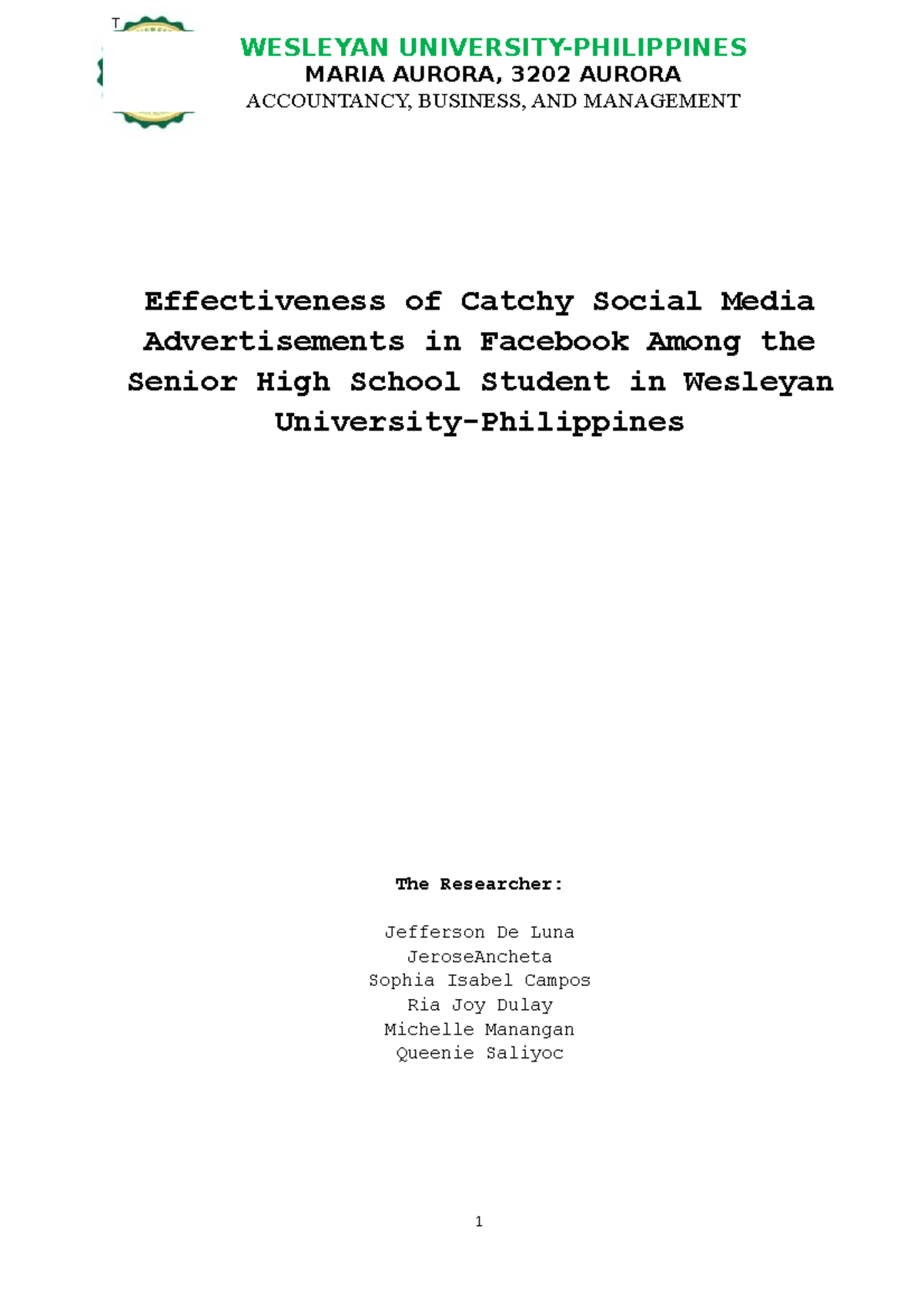 ABM action research - WESLEYAN UNIVERSITY-PHILIPPINES MARIA AURORA ...