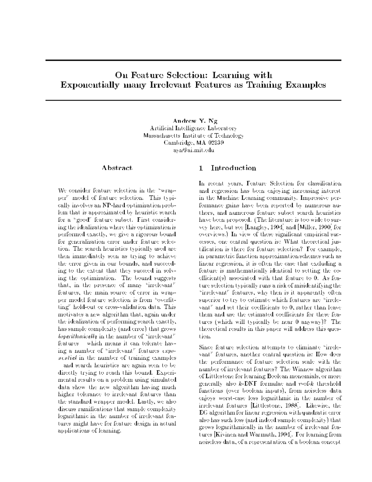 Introduction to Machine Learning On feature selection - - Studocu