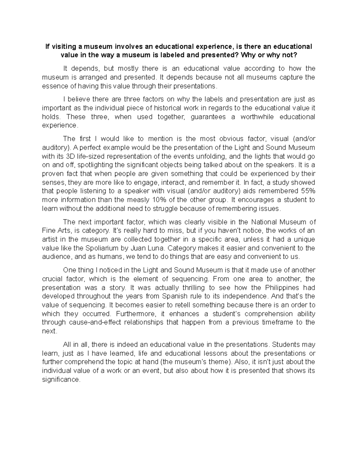 Thought Paper 2 - If visiting a museum involves an educational ...