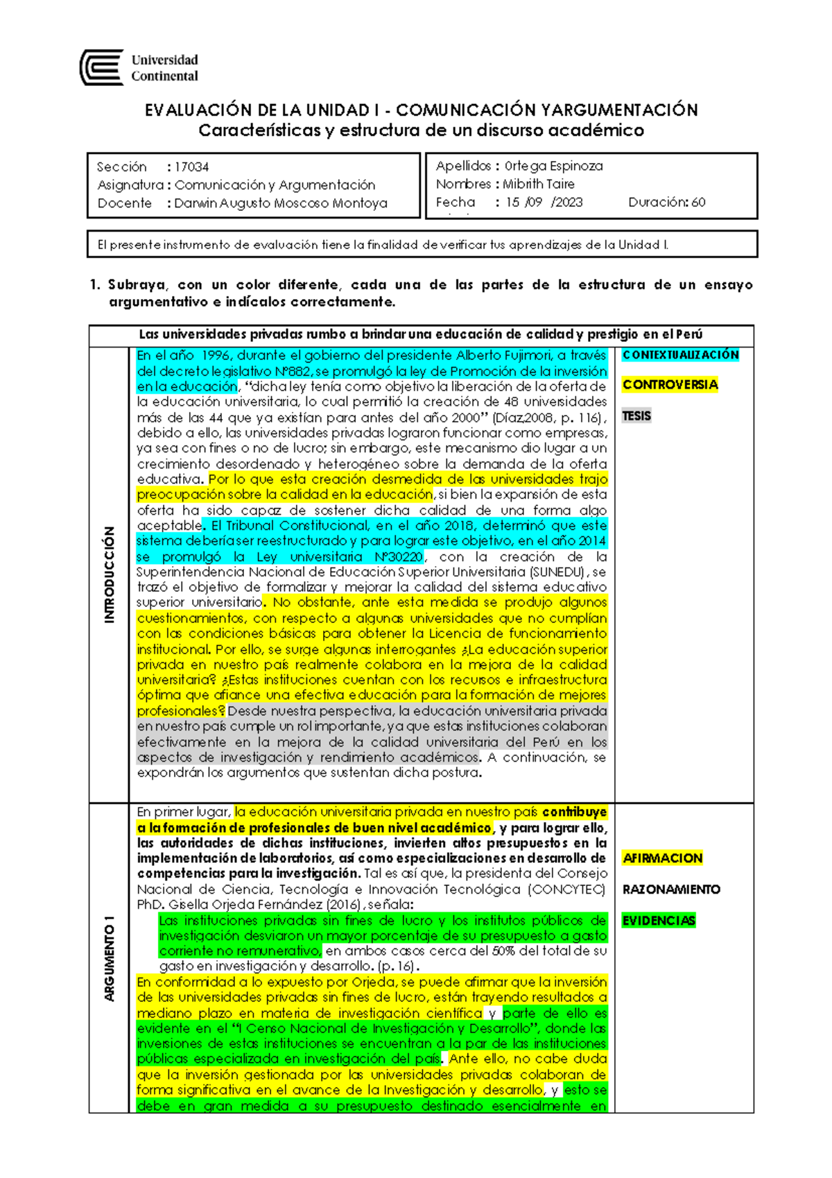 Evaluación Unidad I - practica - EVALUACI”N DE LA UNIDAD I - COMUNICACI”N YARGUMENTACI”N - Studocu