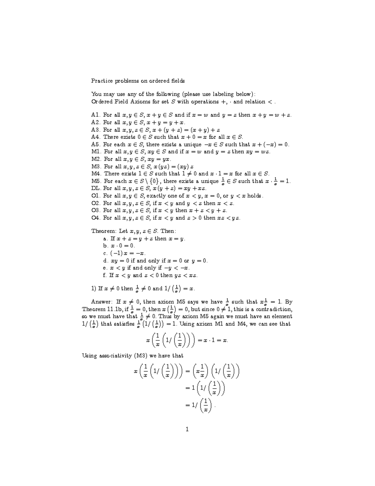 Practice problems on ordered fields - Practice problems on ordered You ...