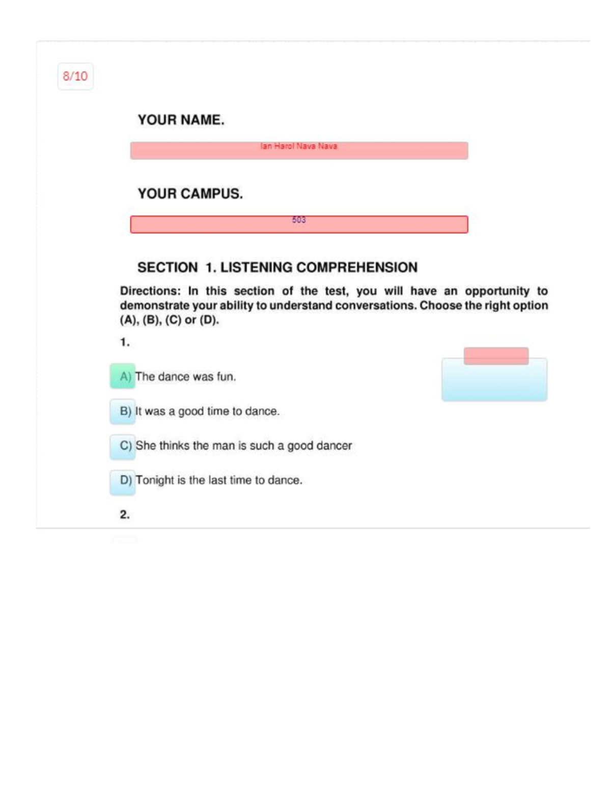 QUIZ 2. Harol 503 - 12345 - YOUR NAME. lan Harol Nava Nava YOUR CAMPUS. 503 SECTION 1. LISTENING ...