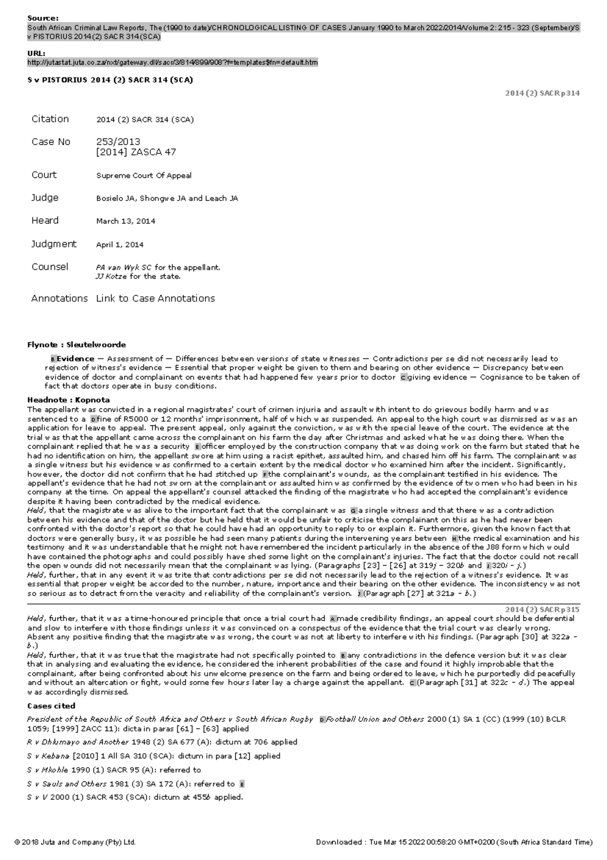 S v Pistorius 2014 (2) SACR 314 (SCA) - Source: South African Criminal ...