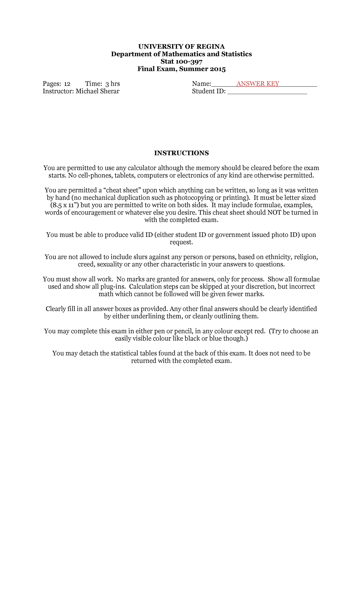 Stat 100-397 Final (S15) - Solutions - UNIVERSITY OF REGINA Department ...