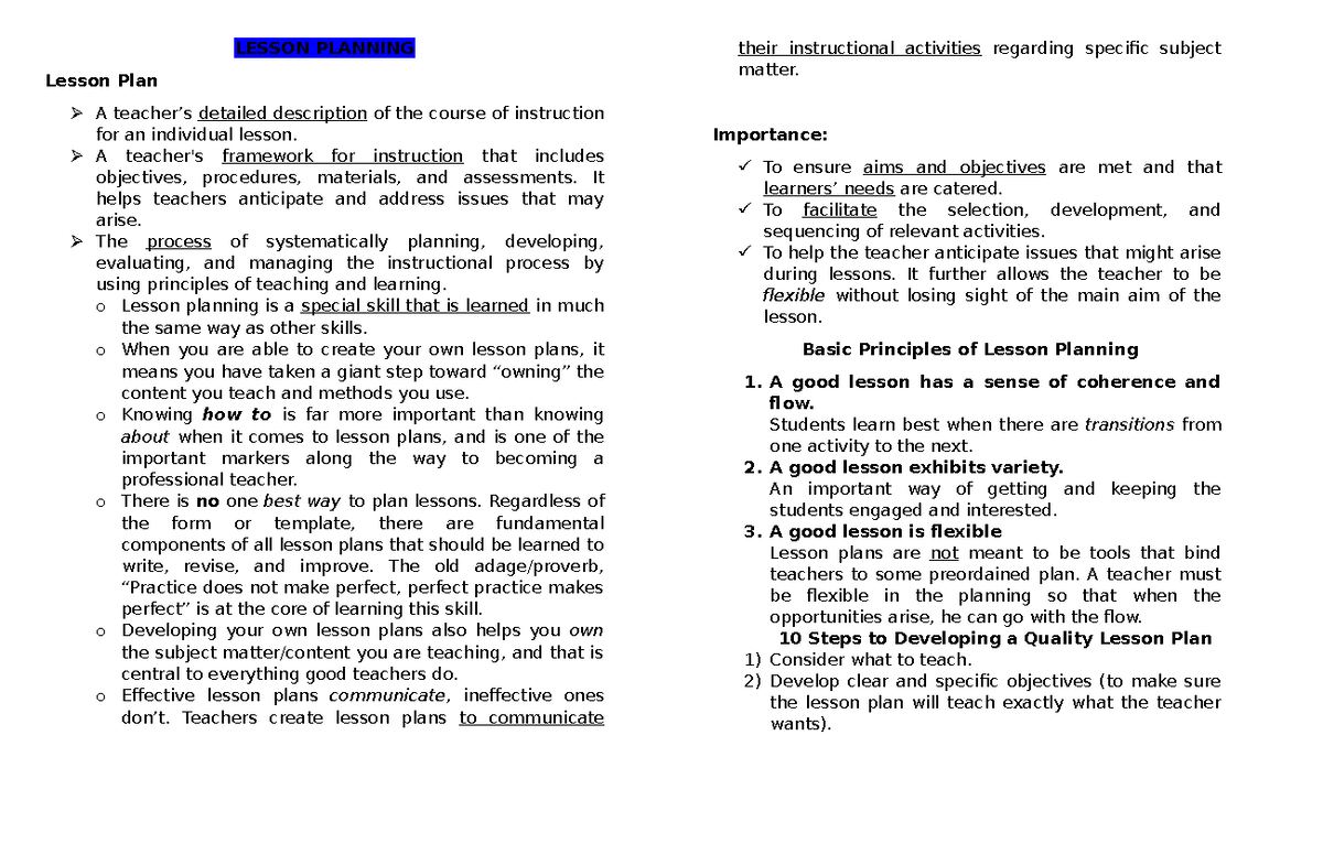 Lesson Planning - LESSON PLANNING Lesson Plan A teacher’s detailed ...