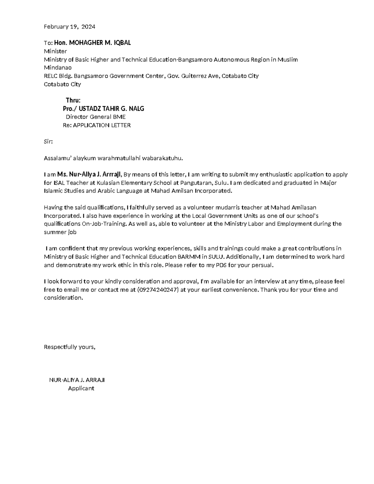 APP Letter - February 19, 2024 To: Hon. MOHAGHER M. IQBAL Minister ...