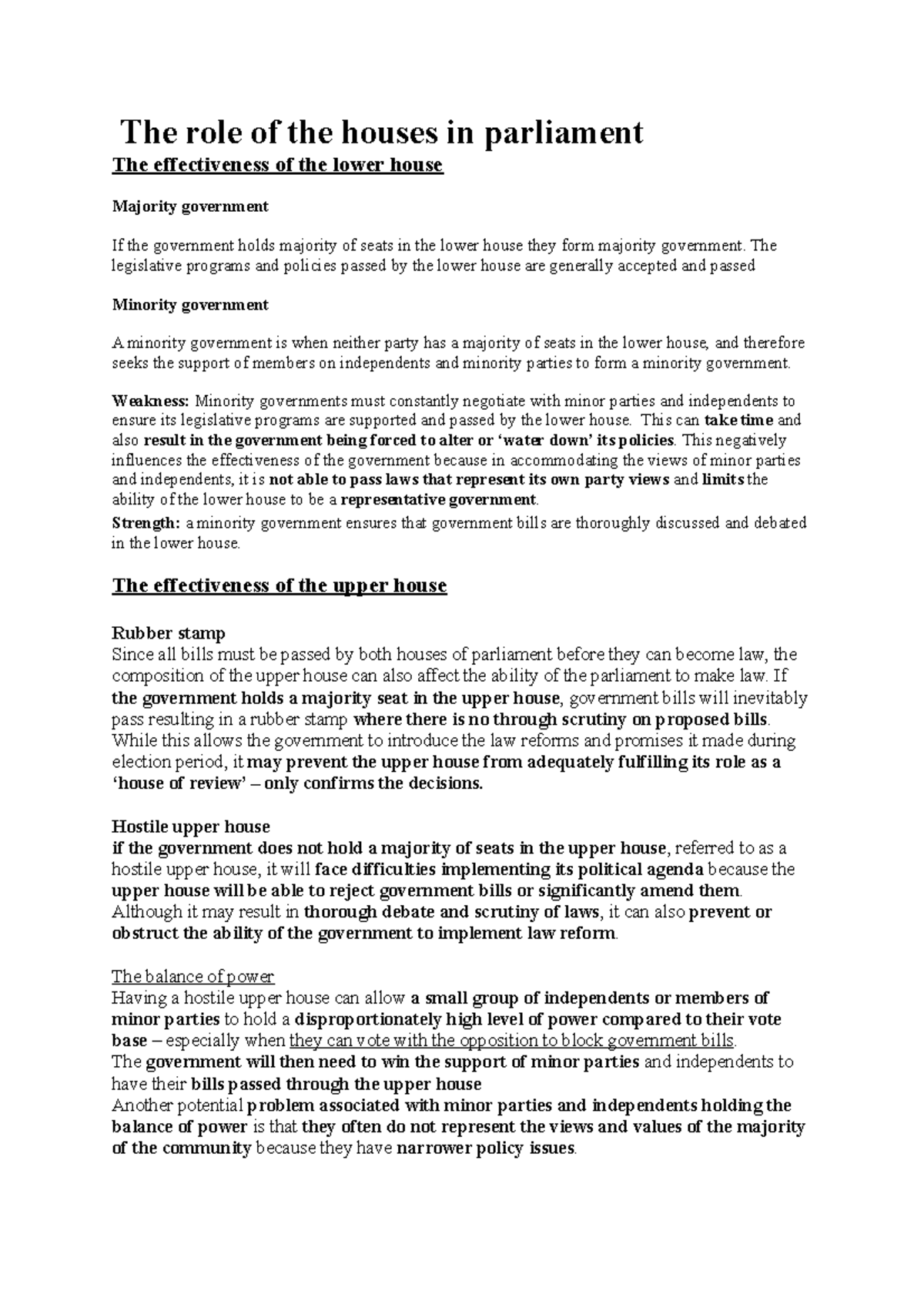 The role of houses in parliament - The role of the houses in parliament ...
