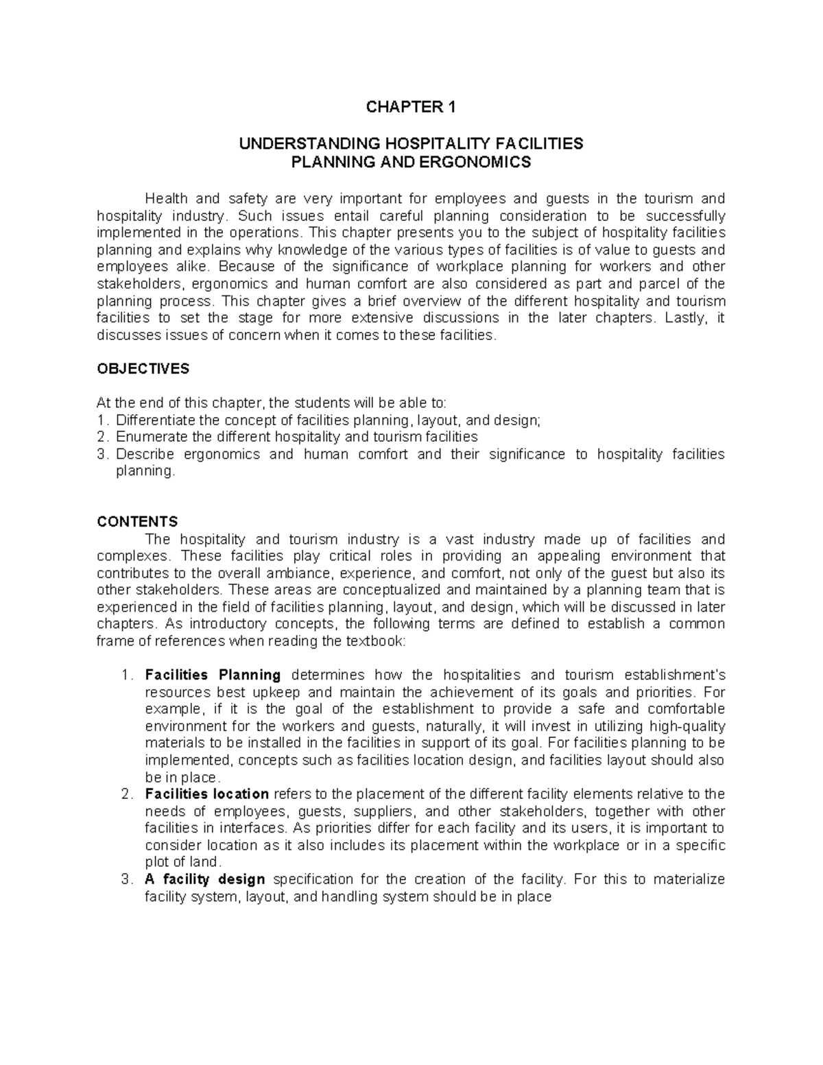 Chapter 1 Understanding Hospitality Facilities - CHAPTER 1 ...
