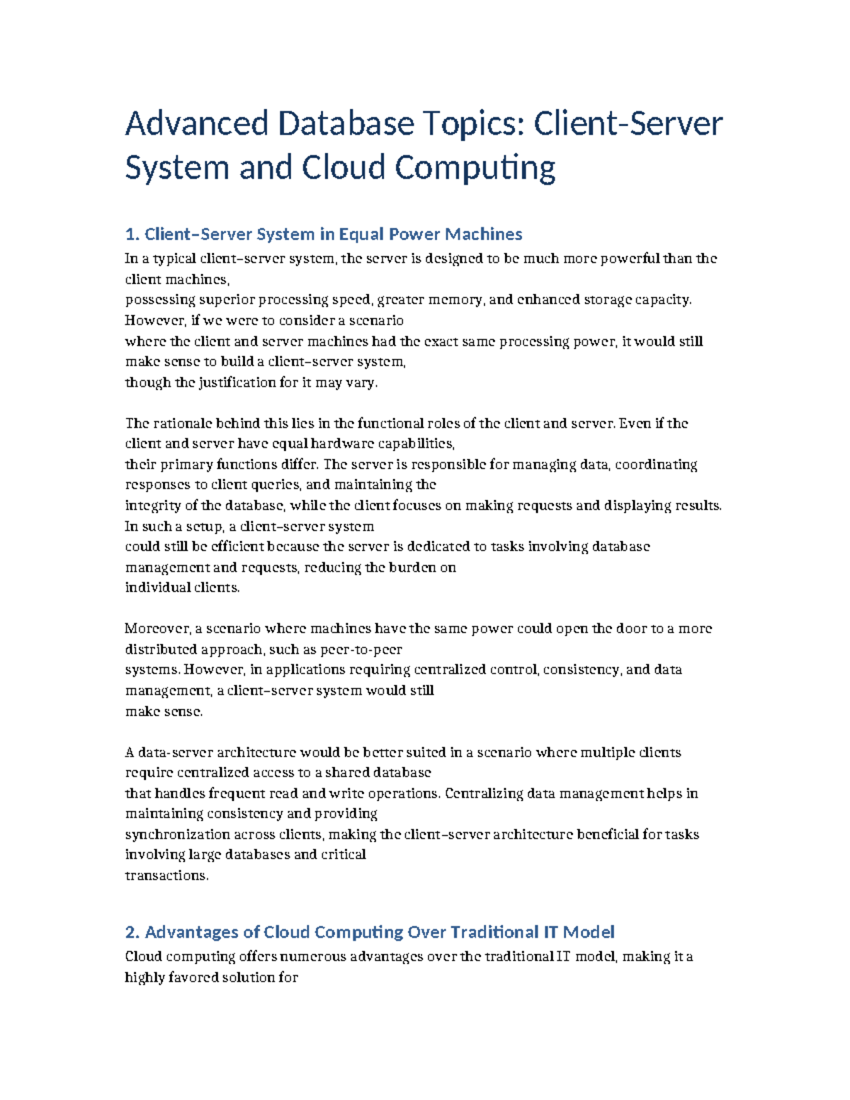 CS 3306 Learning Journal UNIT 8 - Advanced Database Topics: Client-Server System and Cloud ...