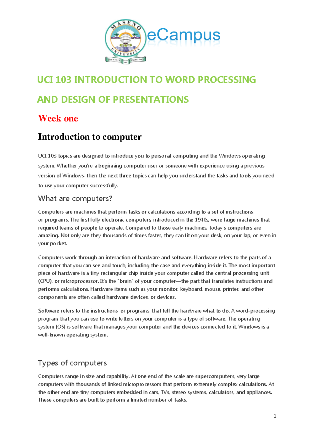 Introduction TO Operating Systems - UCI 103 INTRODUCTION TO WORD PROCESSING AND DESIGN OF - Studocu