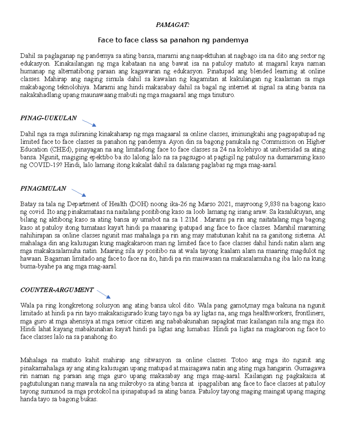 Posisyong Papel AT ANG Parte new - PAMAGAT: Face to face class sa panahon ng pandemya Dahil sa ...