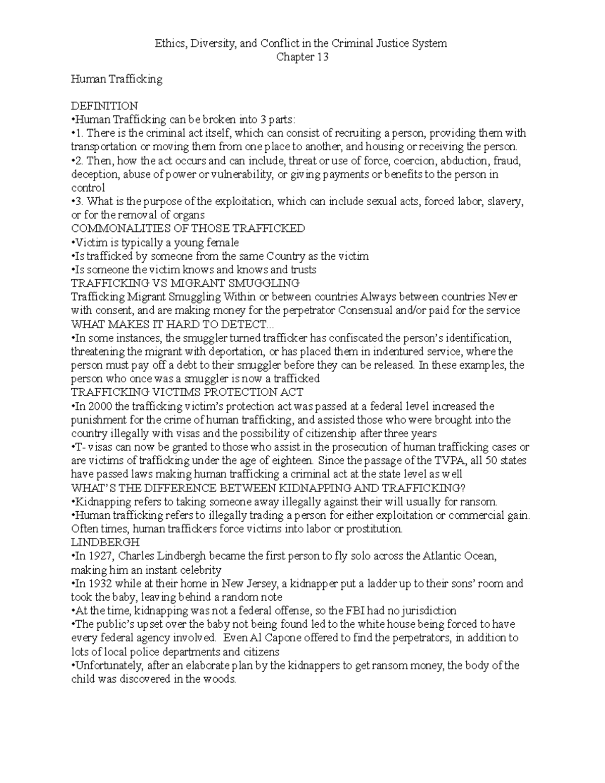 LAJ 401 Ch. 13 Notes - Chapter 13 Human Trafficking DEFINITION •Human ...