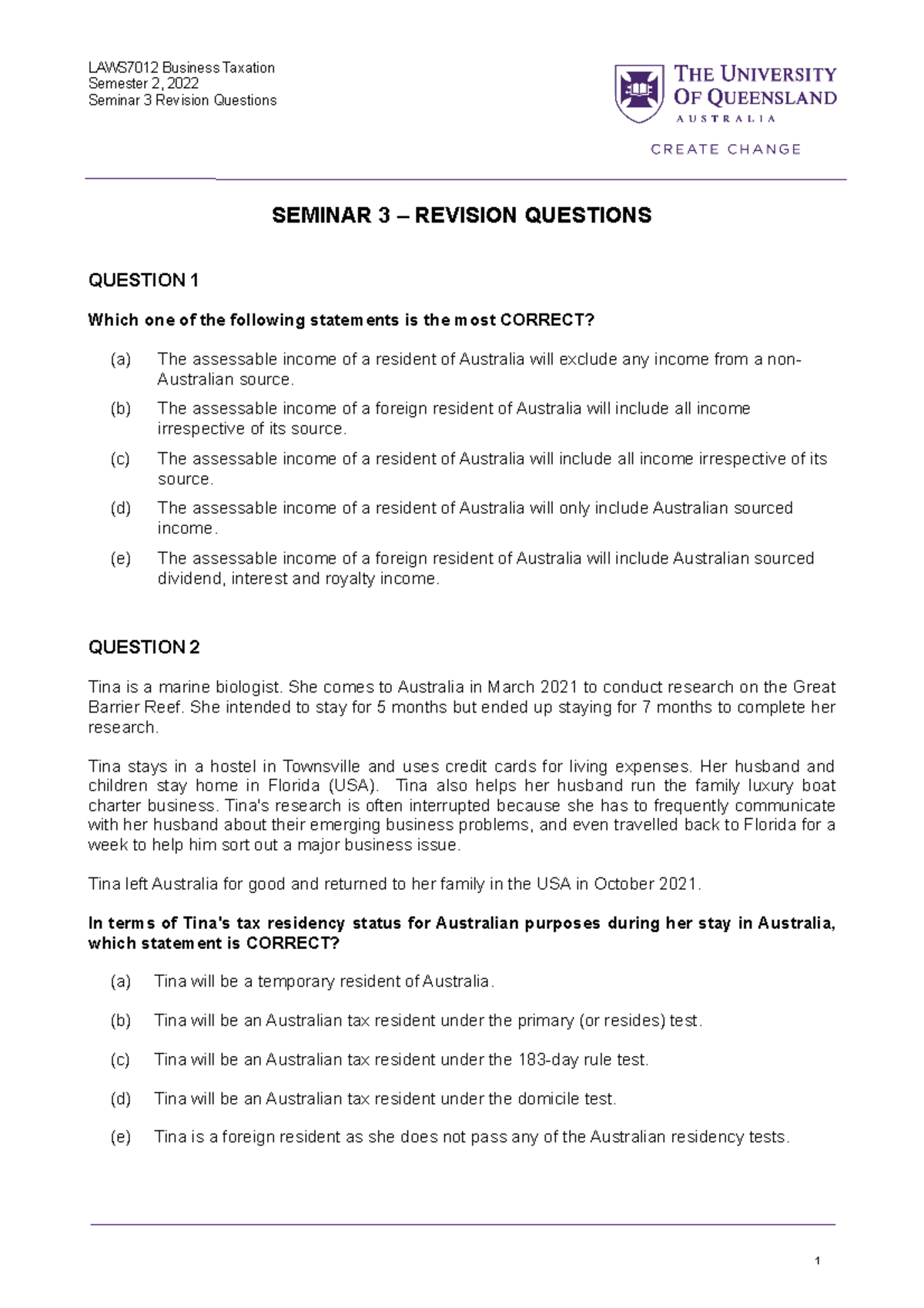 LAWS7012 Seminar 3 Revision Questions - Semester 2, 2022 Seminar 3 ...
