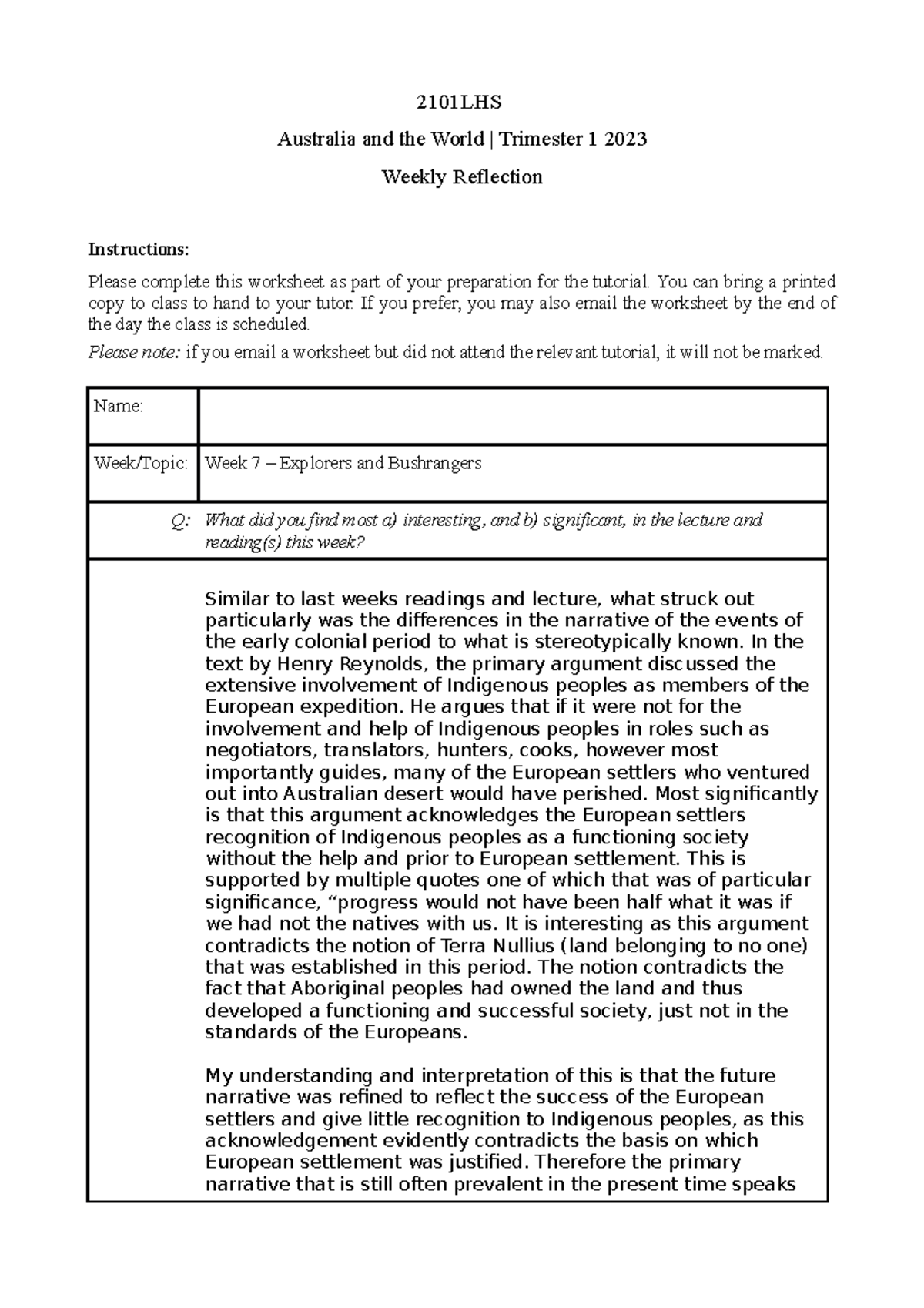 2101LHS T1 2023 Weekly Worksheet - 2101LHS Australia and the World ...