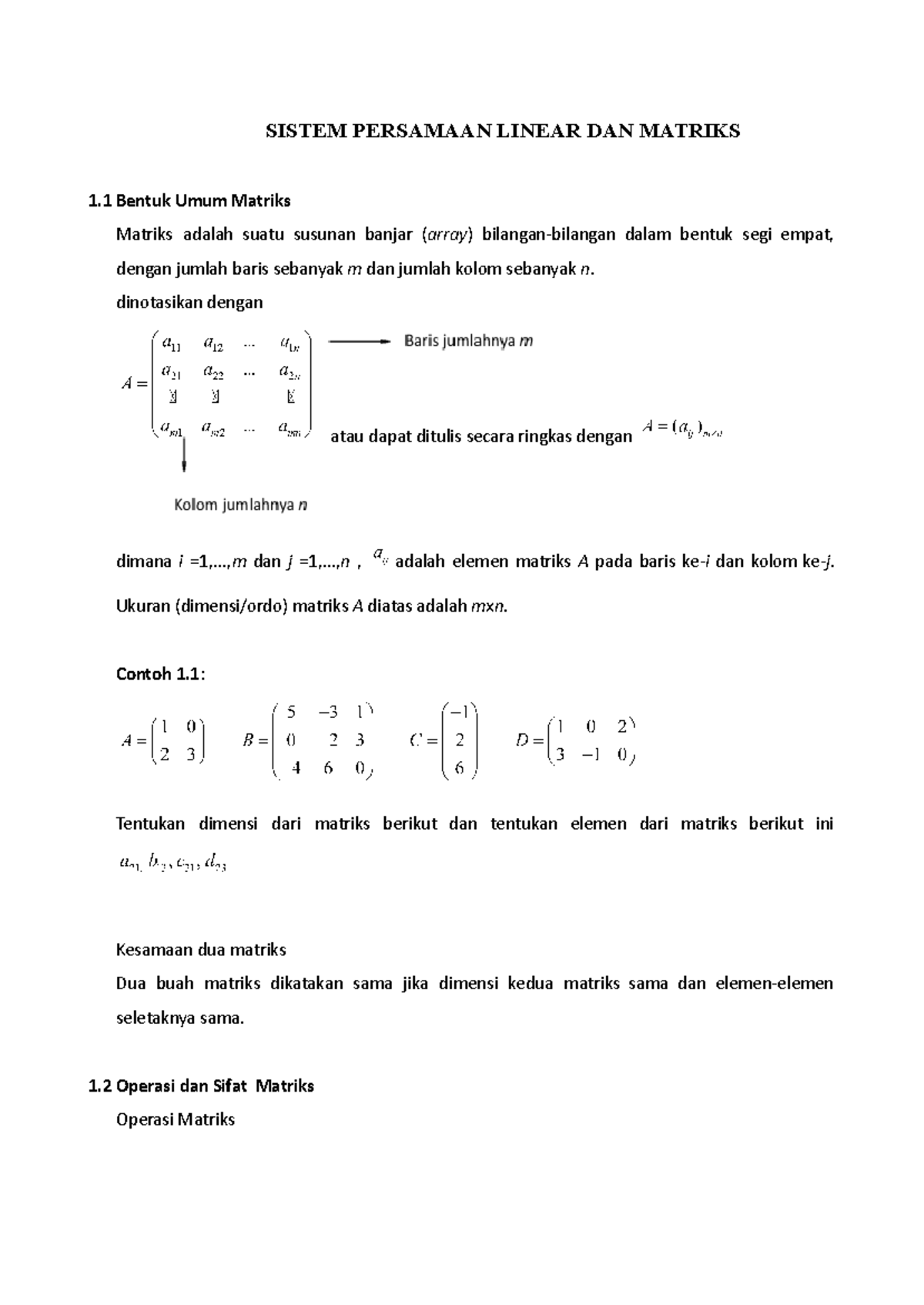 Sistem Persamaan Linear DAN Matriks - SISTEM PERSAMAAN LINEAR DAN MATRIKS 1 Bentuk Umum Matriks ...
