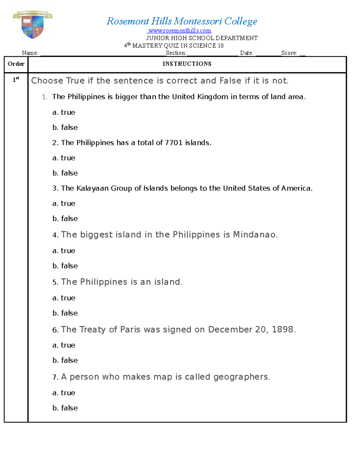 Science 10 Mastery QUIZ - Rosemont Hills Montessori College ...
