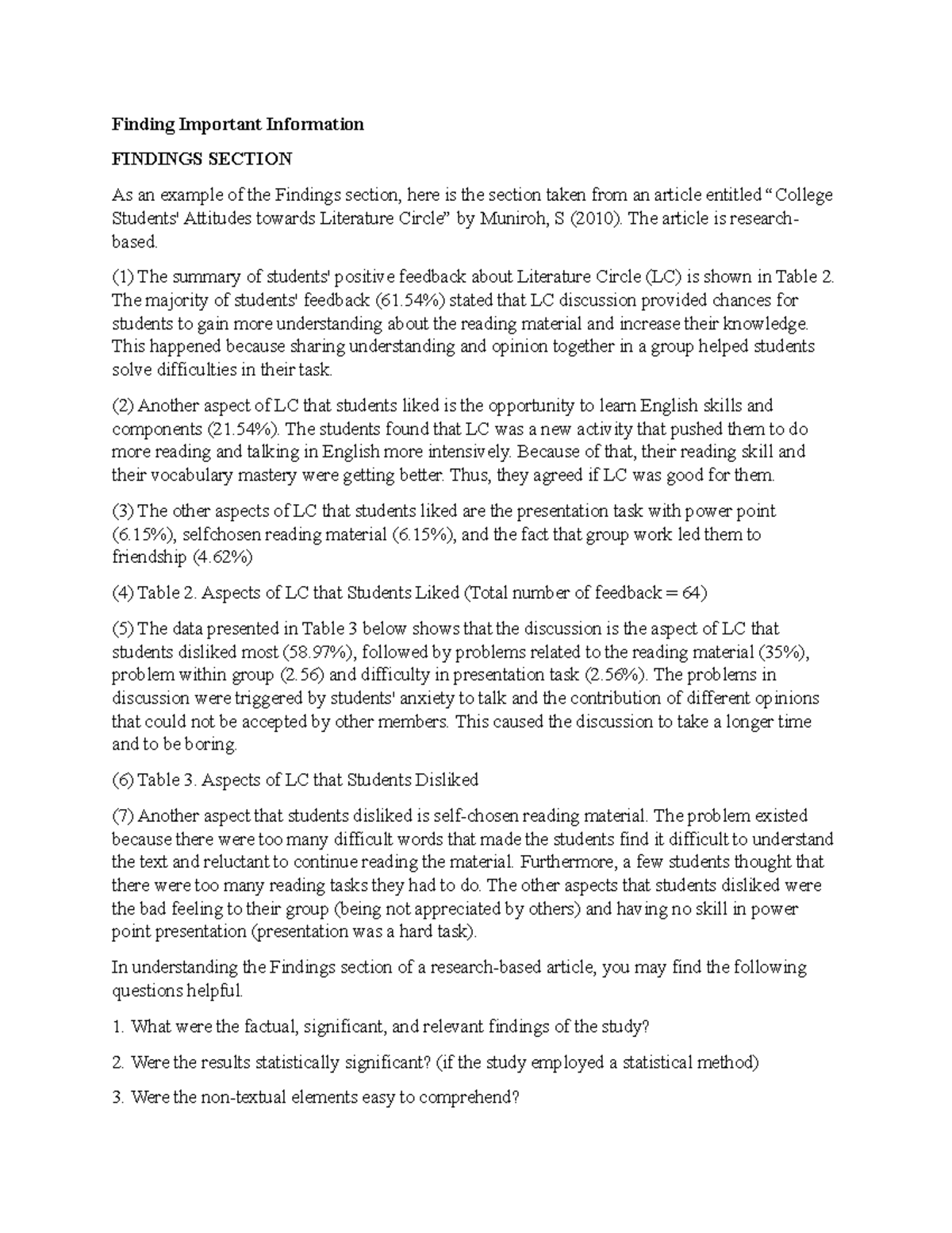 UNIT 4 Reading the Findings and Discussion Section Finding Important ...