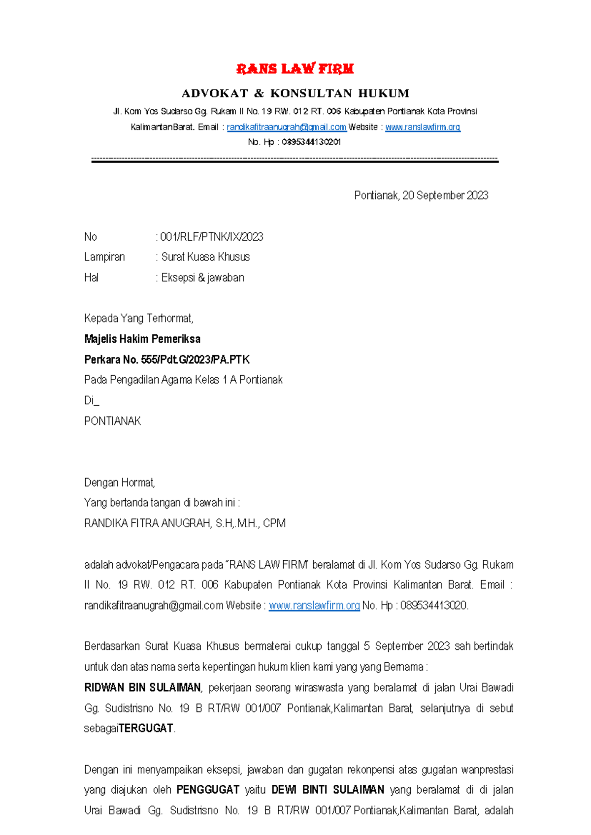 RANS LAW FIRM - contoh surat - RANS LAW FIRM ADVOKAT & KONSULTAN HUKUM ...