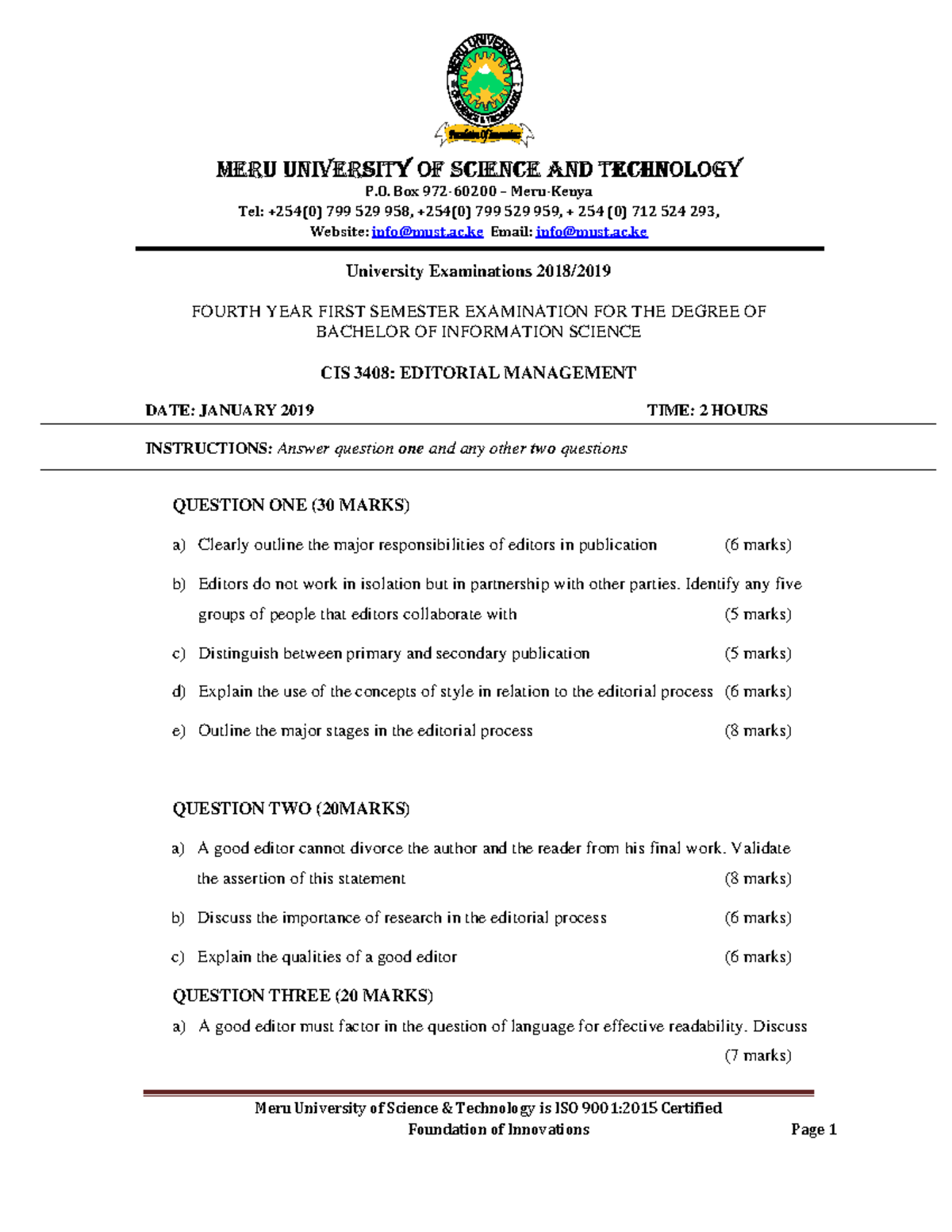 ZIS 3408 Editorial Management - Meru University of Science & Technology is ISO 9001:2015 - Studocu