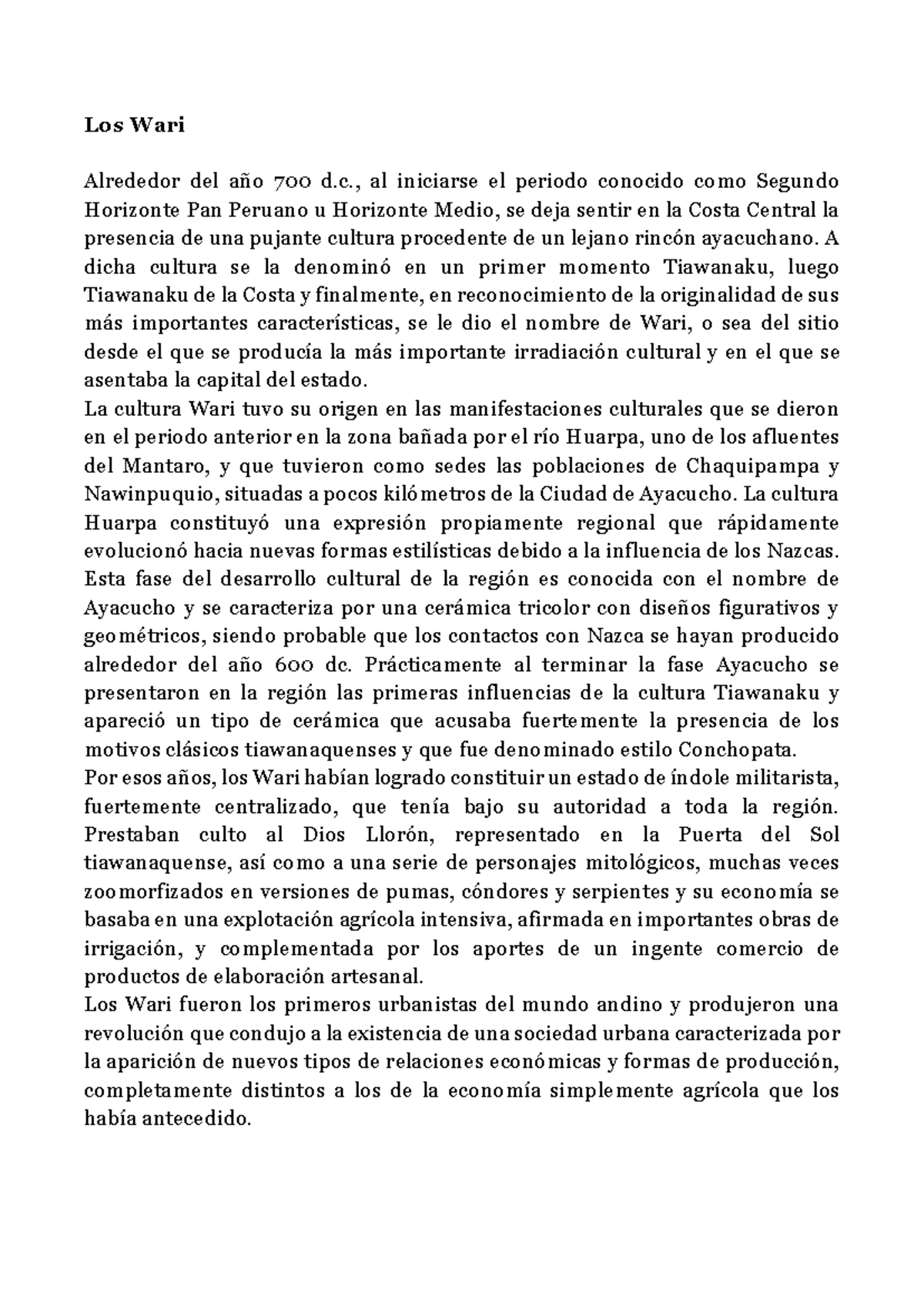 Los Wari - Wari - Los Wari Alrededor del año 700 d., al iniciarse el ...