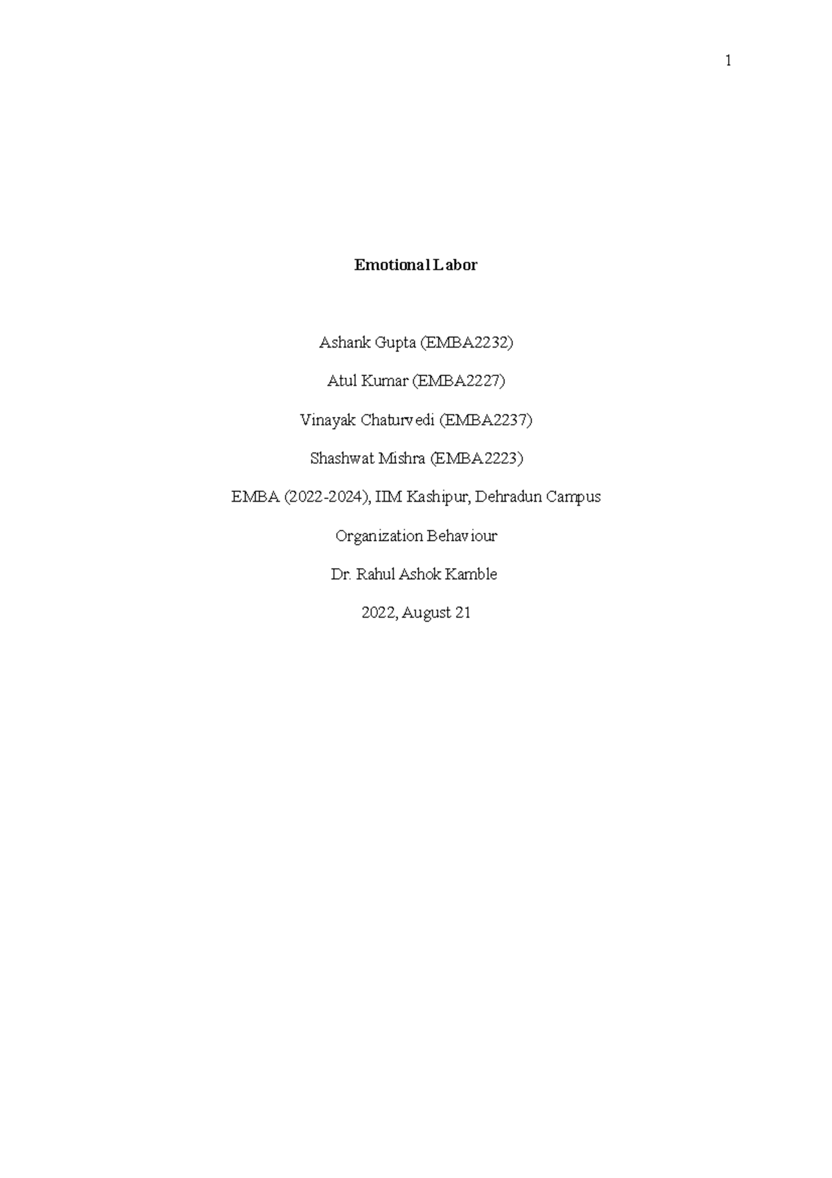 Group-6-Report-Emotional Labor - Emotional Labor Ashank Gupta (EMBA2232 ...