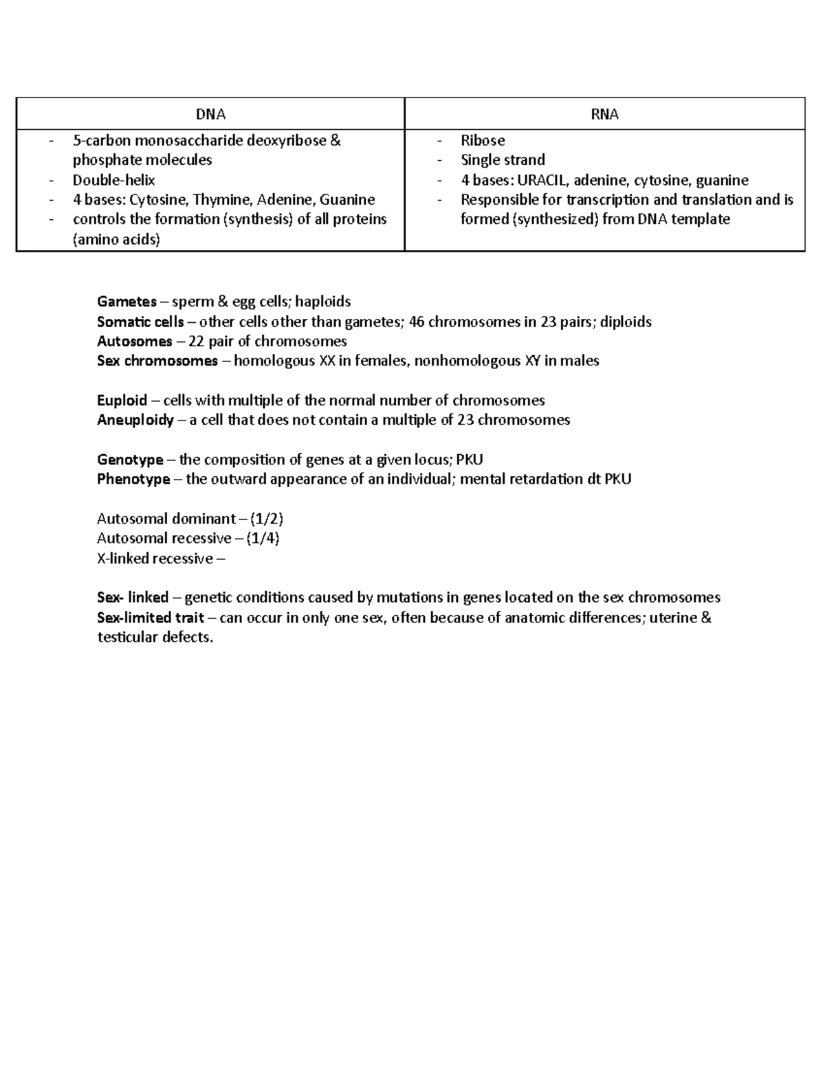 DNA - Lecture notes 1 - DNA RNA 5-carbon monosaccharide deoxyribose ...