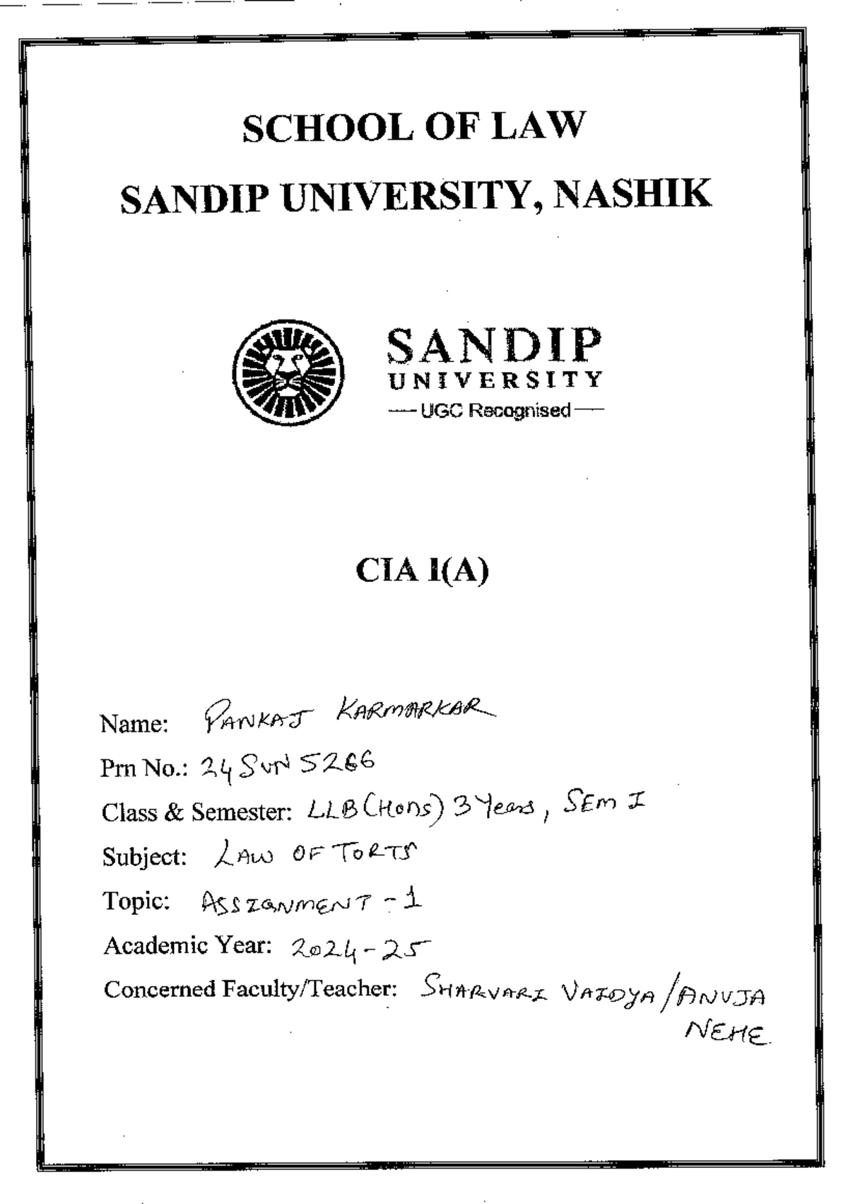 Law Of Torts Assignment 1 - SCHOOL OF LAW SANDIP UNIVERSITY, NASHIK SANDIP UNIVERSITY UGC ...