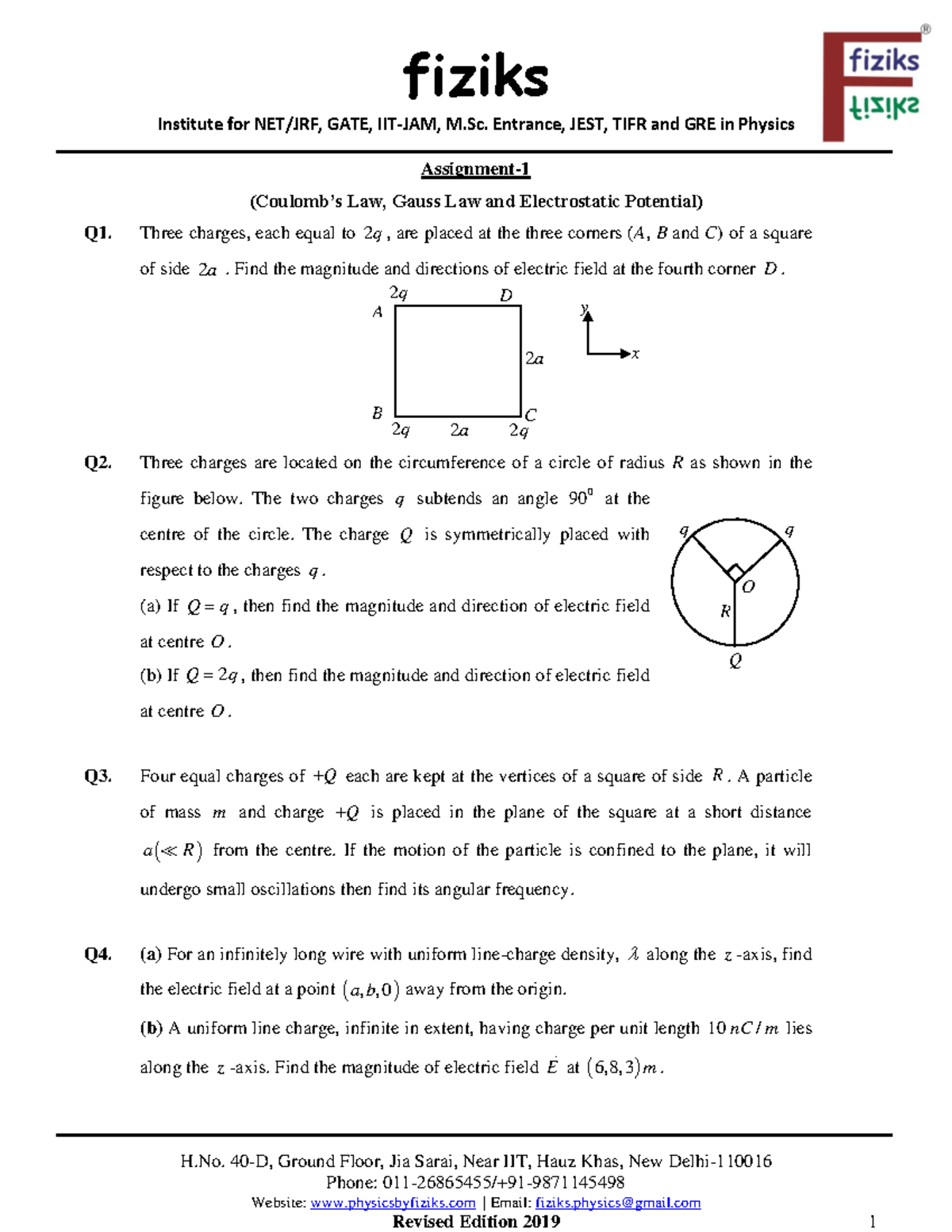 Assignment-1 Coulomb’s Law, Gauss Law and Electrostatic Potential ...