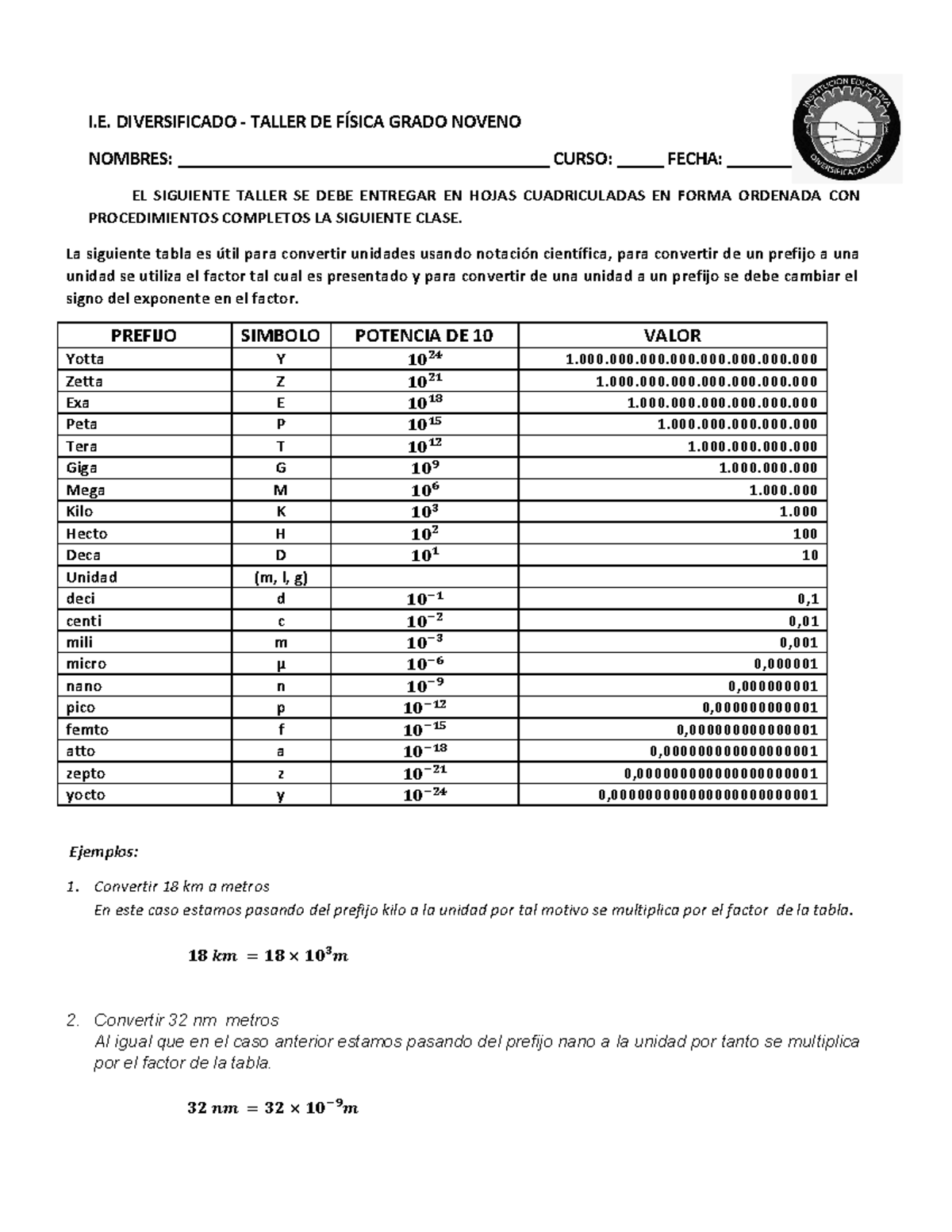 Taller 2 Prefijos y conversiones - I. DIVERSIFICADO - TALLER DE FÍSICA ...